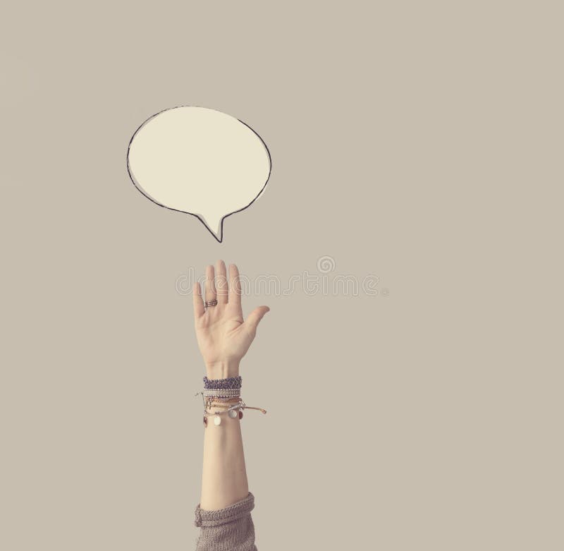Hand Raised with Speech Bubble Stock Photo - Image of report, decision ...
