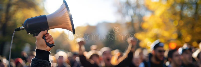 A Hand Raising a Megaphone Against a Backdrop of a Protesting Crowd and ...