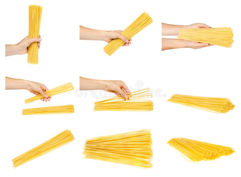 Hand with Raw Golden Spaghetti, Set and Collection Stock Photo - Image ...