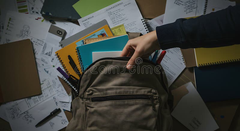 Packing Backpack for Studying on Messy Desk Stock Illustration ...