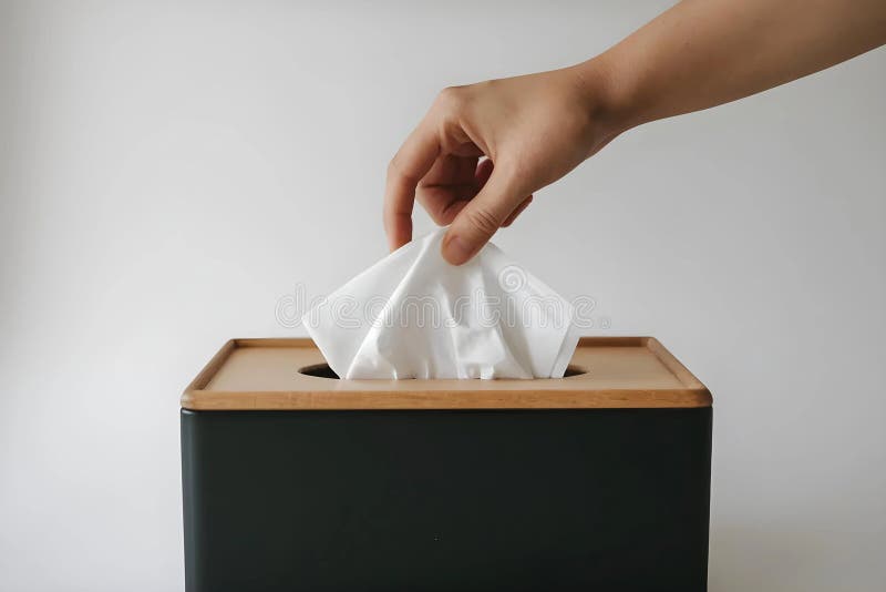A Hand Reaches into a Black Tissue Box with a Wooden Top, Pulling Out a ...