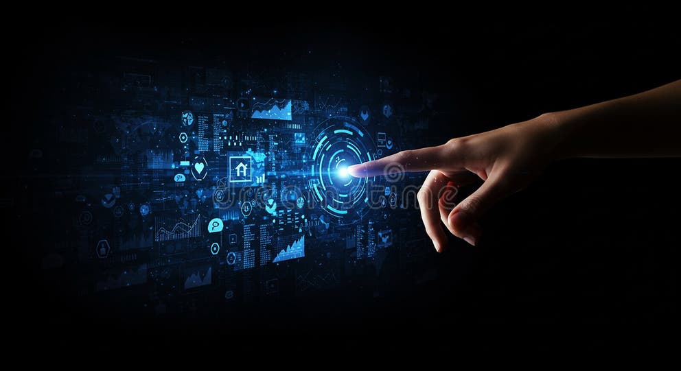 A Hand Reaches Forward To Interact with a Glowing Digital Interface ...