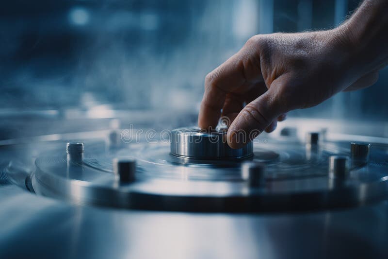 Hand Engages with a Metallic Dial on an Industrial Machine in a Misty ...