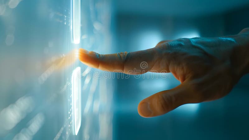 A Hand Reaches Out To Activate a Glowing Touch Panel in a Modern Tech ...
