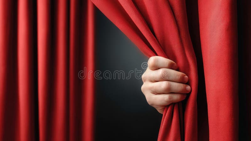 A Hand Reaches Out To Pull Open a Rich, Red Stage Curtain, Creating a ...
