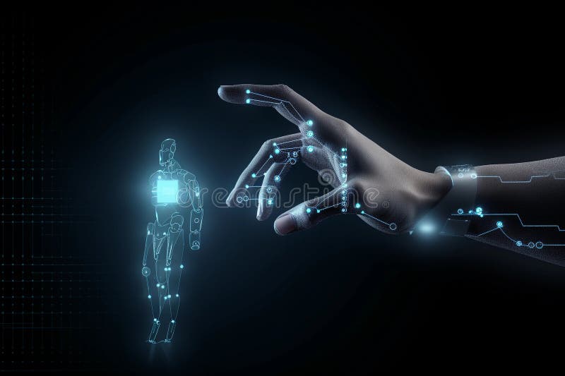 A Hand Reaches Out To a Robot with a Blue Screen AI Generation Stock ...