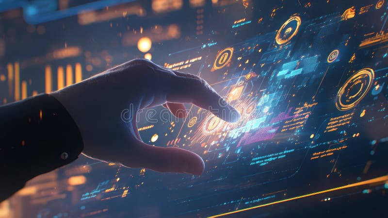 A Hand Reaches Out To Touch a Digital Interface Filled with Colorful ...