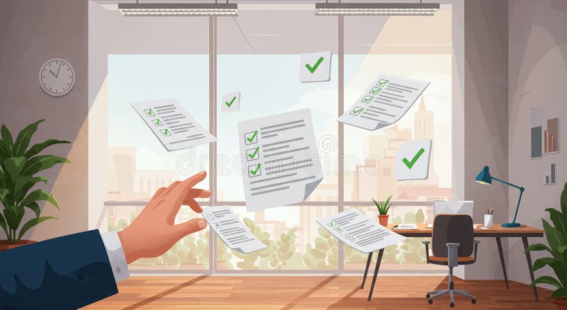 Hand Reaching for Floating Checkmarked Papers Stock Illustration ...