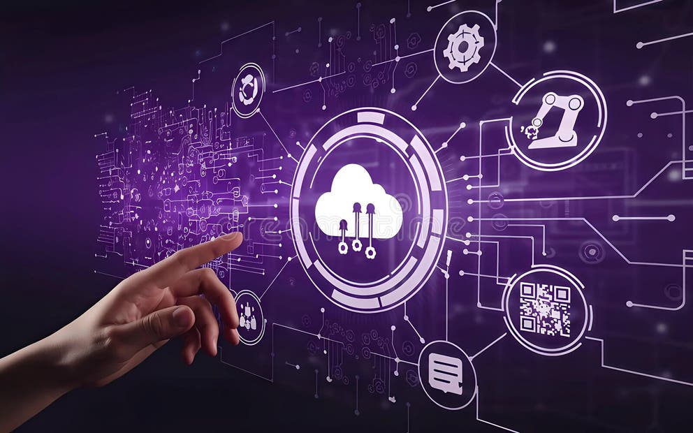 A Hand Reaches Out Towards a Cloud Computing Icon Surrounded by Various ...