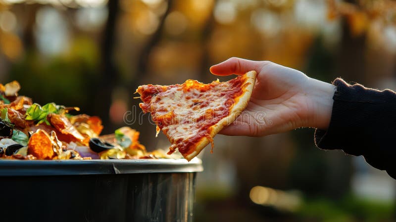 A Hand Reaches for a Slice of Pizza Above a Bin Filled with Discarded ...