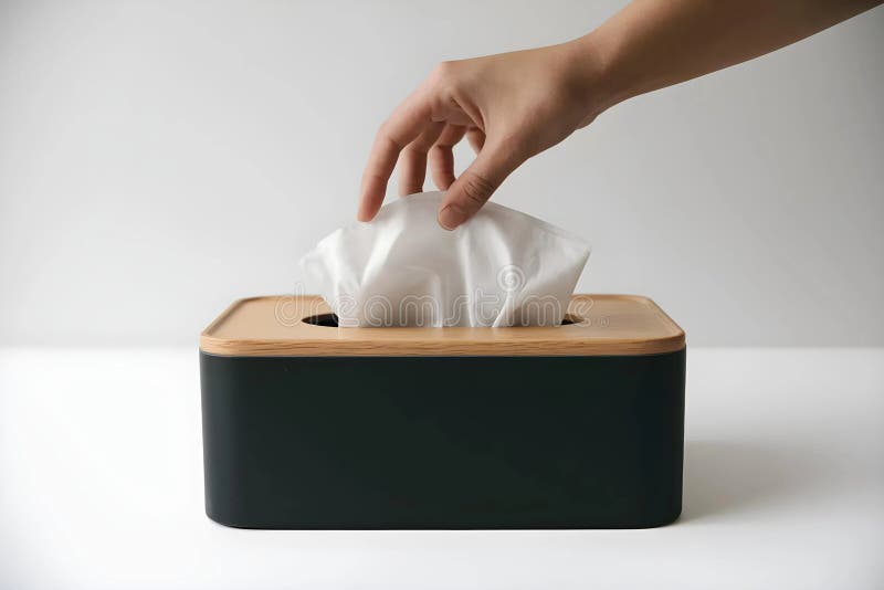 A Hand Reaches into a Square Tissue Box with a Wooden Top and a Black ...