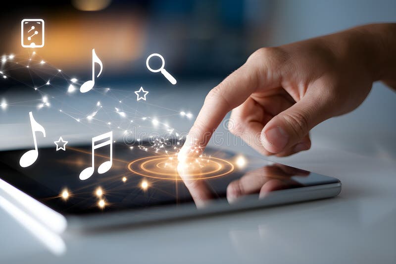 Hand Reaches Tablet Screen, Floating Icons Highlight Modern Digital ...