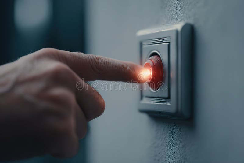 Person Pressing a Red Button on a Wall Switch in a Dimly Lit Interior ...