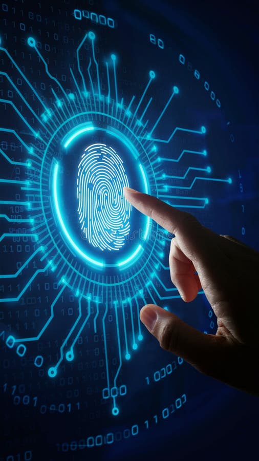 Hand Reaches Towards Digital Fingerprint Scanner, Blue Background ...