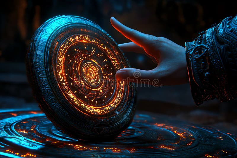 A Hand Reaches Towards a Glowing, Circular Object with Intricate ...