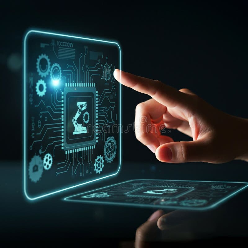 A Hand Reaches Towards a Transparent Digital Interface Displaying a Circuit Board Stock ...