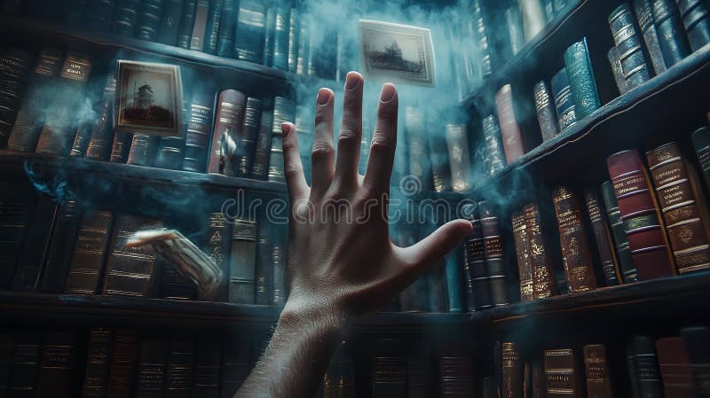 A Hand Reaching for a Book on a Shelf in a Library Stock Illustration ...