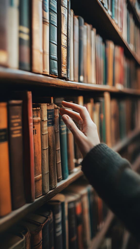 A Hand Reaching for a Book on a Shelf in a Library Stock Illustration ...