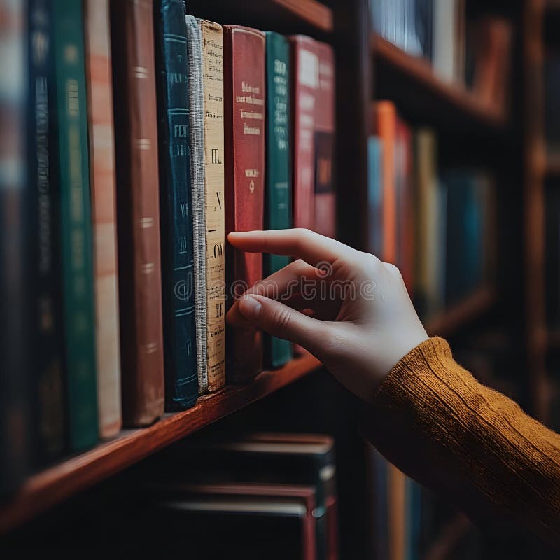 A Hand Reaching for a Book on a Shelf in a Library Stock Illustration ...