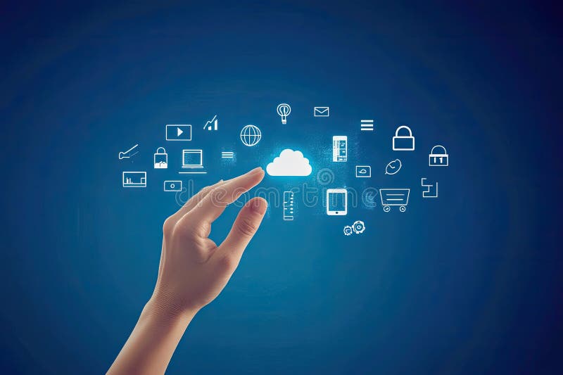 Hand Reaching for Cloud Technology Icons Representing Digital ...
