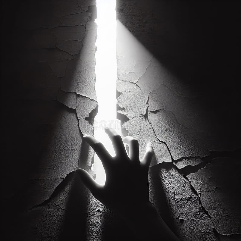 Hand Reaching through Cracked Wall with Light Beam Stock Image - Image ...