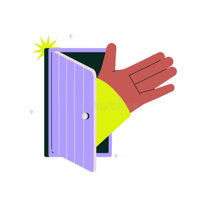 Hand Reaching through Digital Doorway in Flat Vector Illustration ...