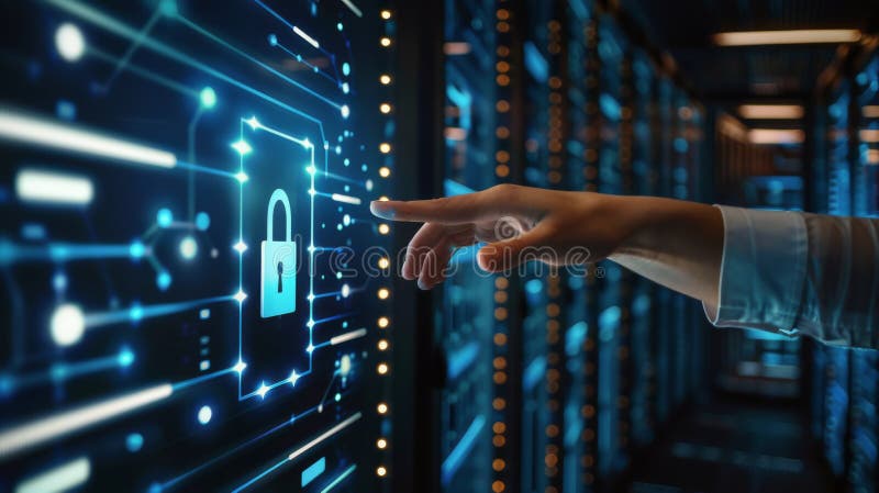 Hand Reaching for Digital Lock on Server Room Screen Stock Image ...