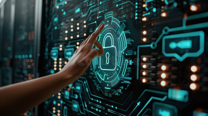 Hand Reaching for Digital Lock on Server Room Screen Stock Image ...