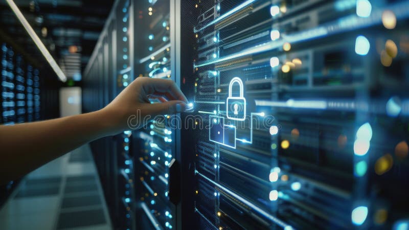 Hand Reaching for Digital Lock on Server Room Screen Stock Photo ...
