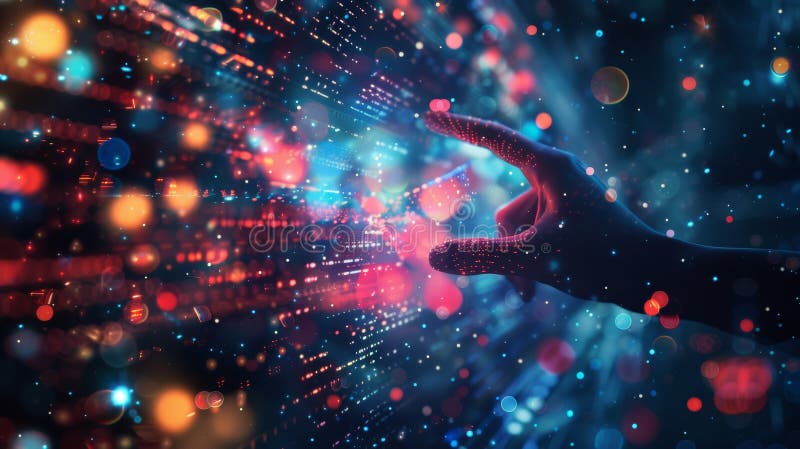 Hand Reaching into Digital Space with Glowing Pixels Stock Photo ...
