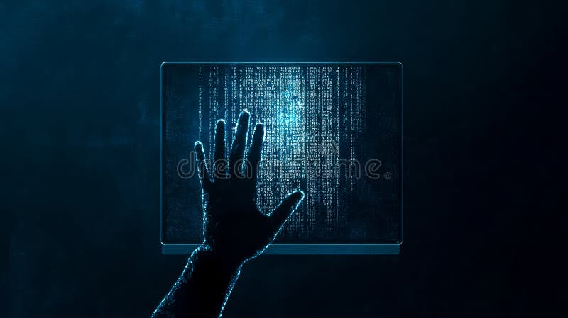 Hand Reaching for Fragmented Code on Computer Screen in Dark Room Stock ...