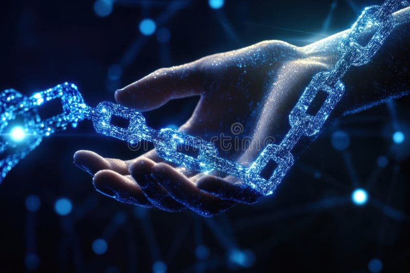 Hand Reaching for Glowing Digital Chain Links in a Futuristic Setting ...