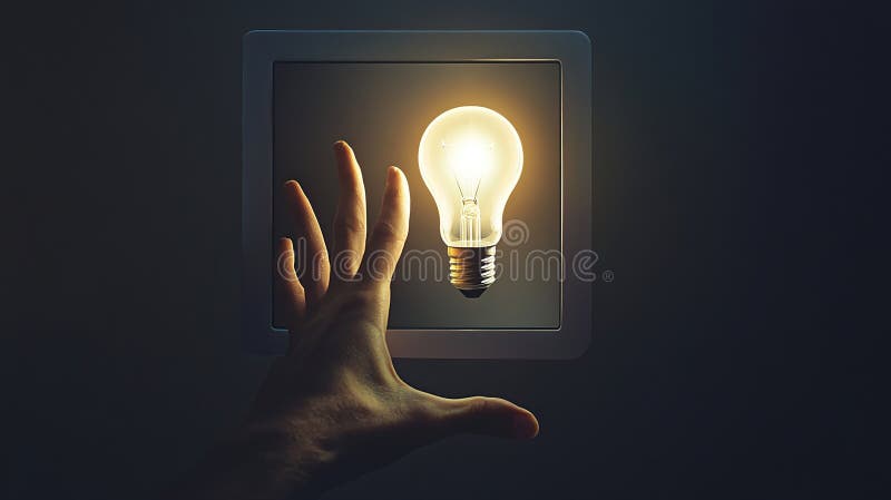 Hand Reaching for Glowing Lightbulb on Screen Stock Illustration ...