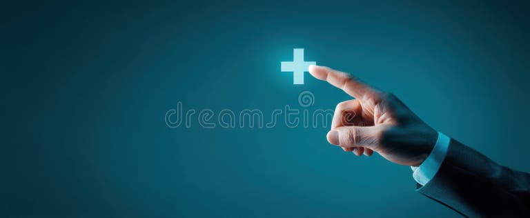 The Hand Reaching for a Glowing Plus Symbol in a Digital Environment ...