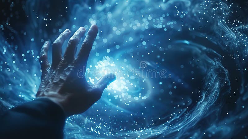 Hand Reaching Out To Touch Swirling Blue Light Particles Stock ...