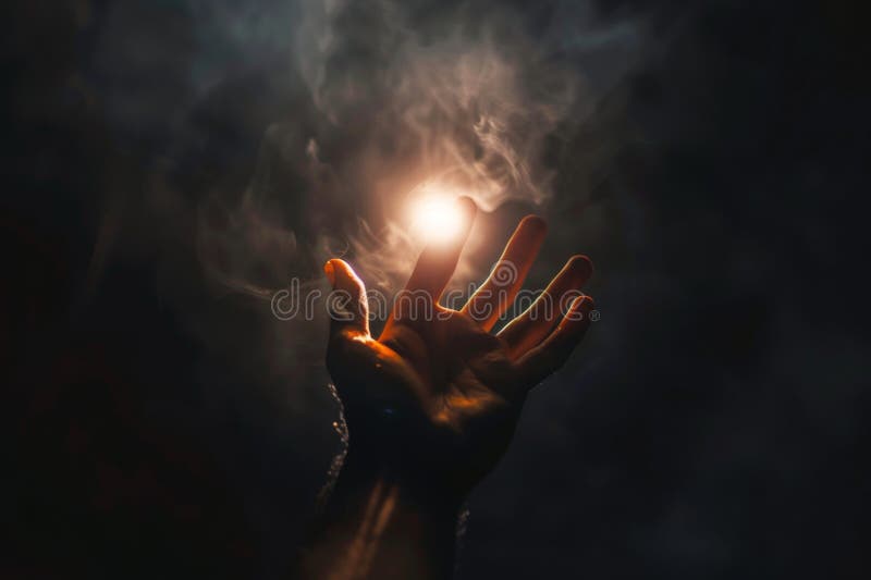 Hand Reaching for Light in the Dark. Conceptual Image with a Surreal ...