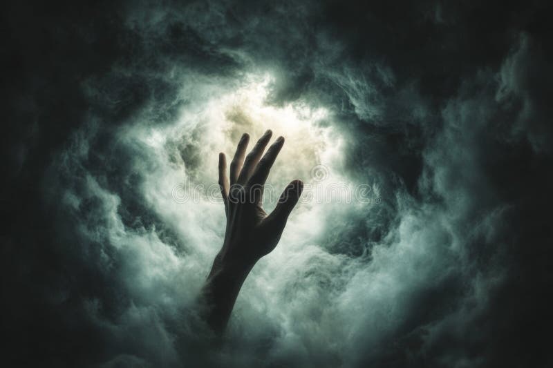 Hand Reaching for a Light through Dark and Dramatic Clouds, Seeking ...