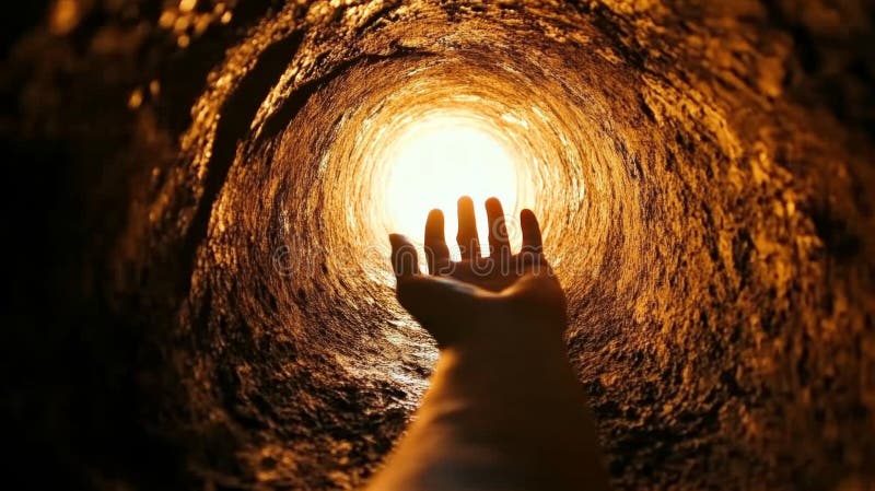 Hand Reaching for Light at the End of a Dark Tunnel Stock Illustration ...
