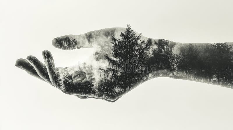 Hand Reaching Light with Nature Elements in Double Exposure Technique ...