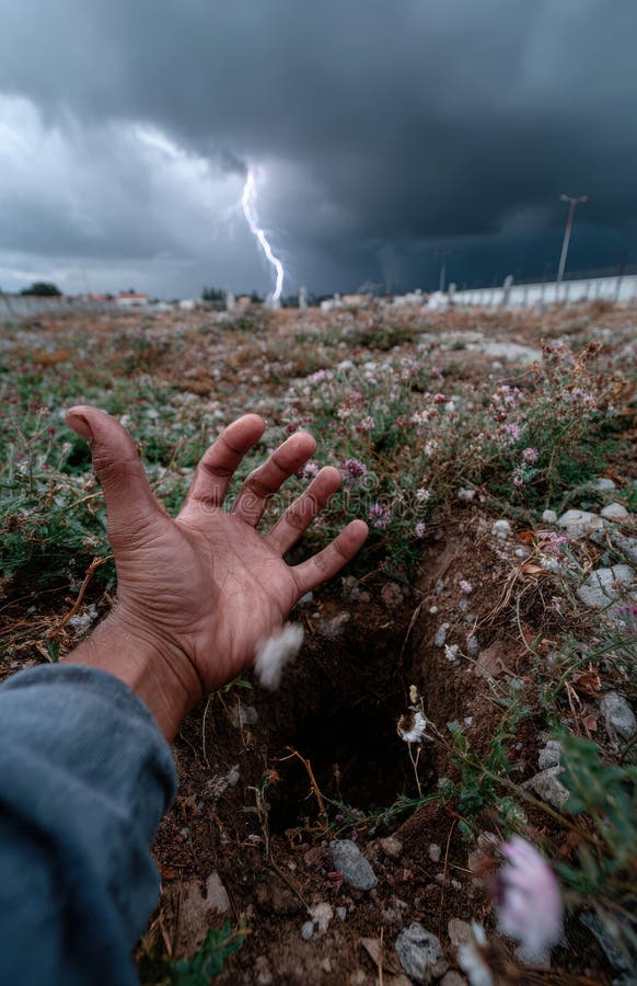 Hand Reaching for Lightning Strike during Storm in Rural Field Stock ...