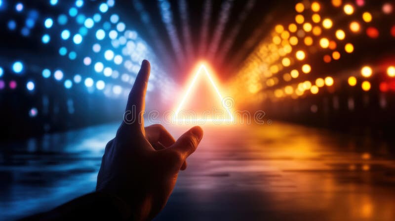 Hand Reaching Luminous Triangle in Futuristic Light Tunnel Stock ...