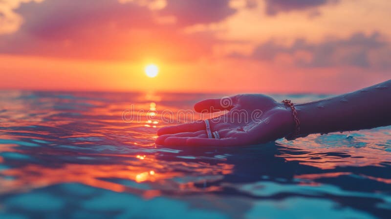 Hand Reaching into Ocean at Sunset Stock Illustration - Illustration of ...