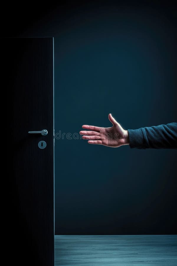 Hand Reaching through Open Door in Dark Room Illuminated by Dim Light ...