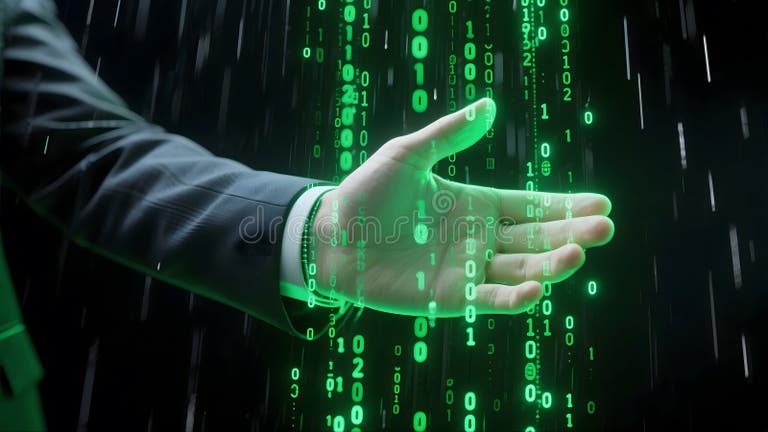 A Hand Reaching Out Amidst a Stream of Digital Binary Code in a Futuristic Setting Display ...