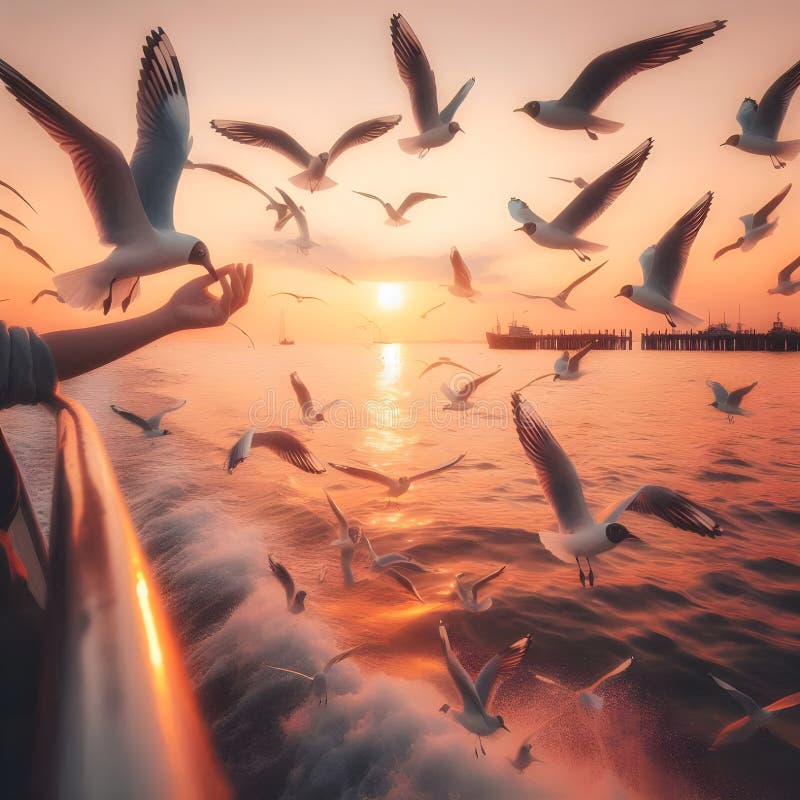 A Hand Reaching Out from the Boat Feeding Seagull Flying in the Sky ...