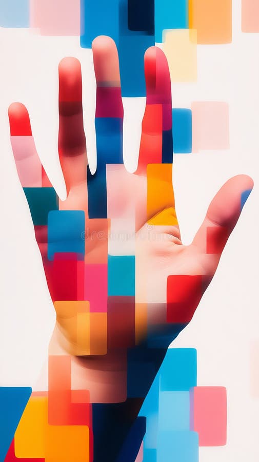 Hand Reaching Out through Colorful Geometric Patterns Showcasing ...