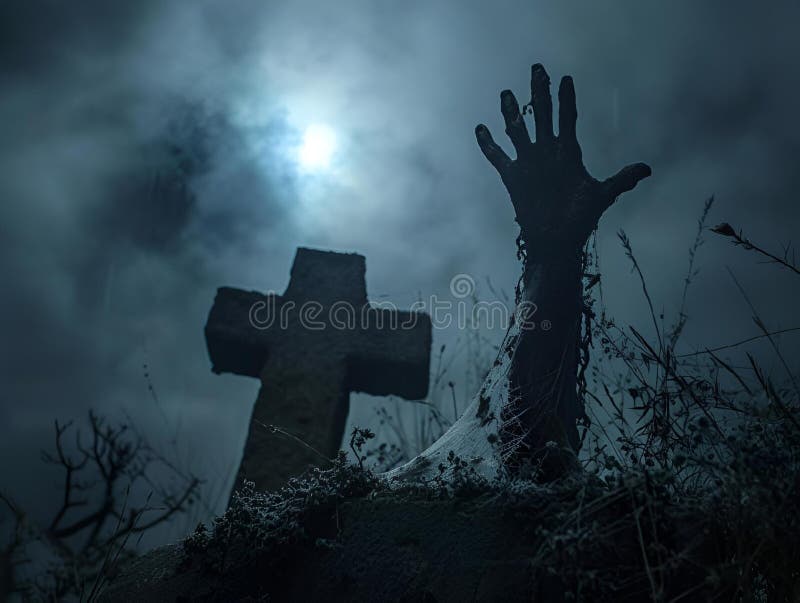 Hand Reaching Out of a Grave with a Cross Above, AI-generated. Stock ...