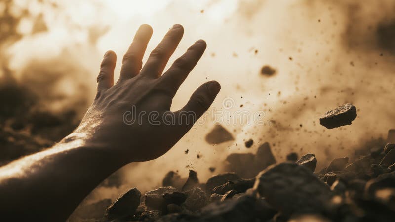 Hand Reaching Out for Help Amid Dust and Falling Debris. Stock Image ...