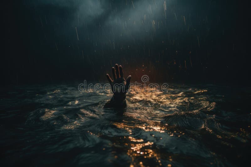 Hand Reaching Out for Help from the Dark Sea. Generative AI Stock Photo ...