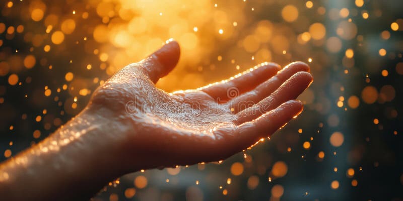 Hand Reaching Out in Rain with Glowing Bokeh Background at Sunset Stock ...